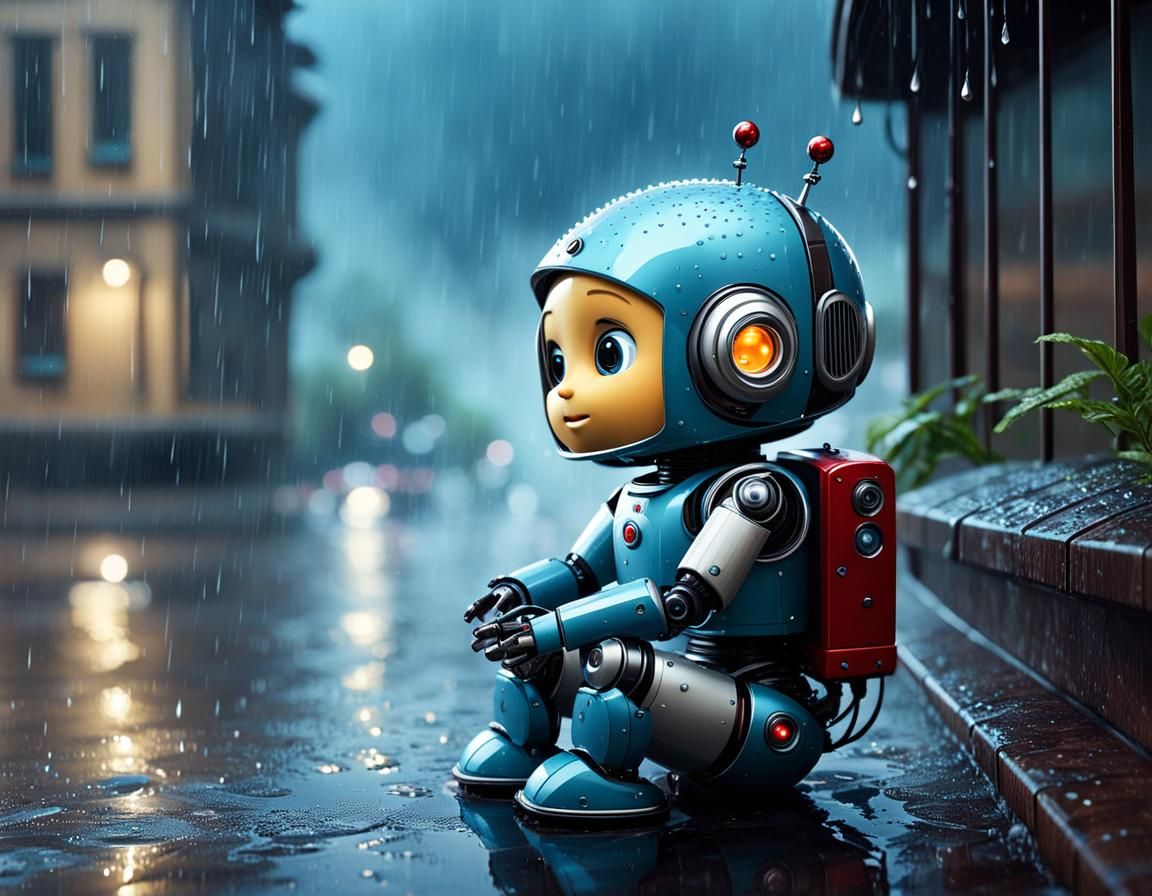 A cute robot sitting in the rain watching the raindrops falling down ...