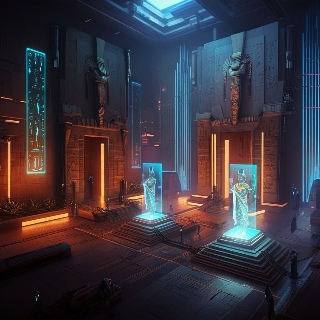 Techno temple - Dystopian Techno Temple in Neon-Lit Cityscap...