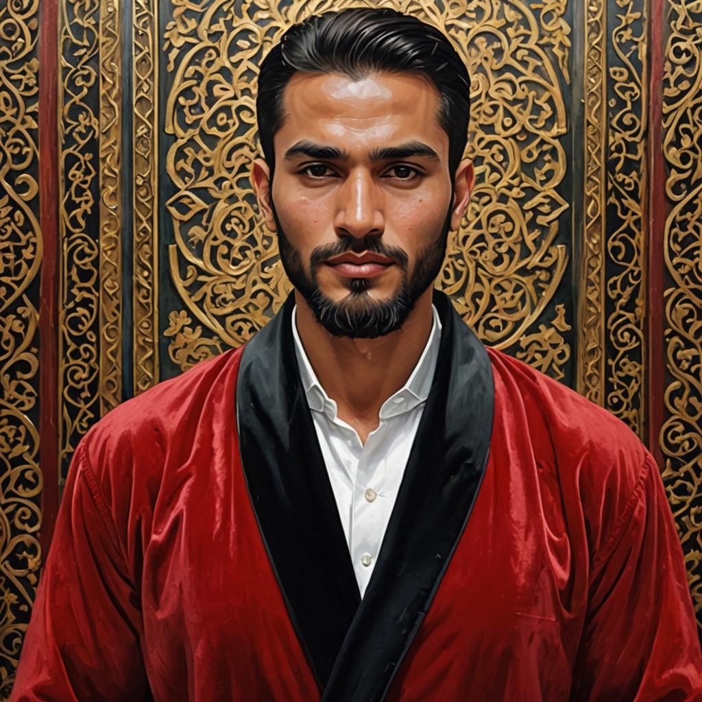 In the Palace. A handsome nobleman with black hair and beard, wearing a ...