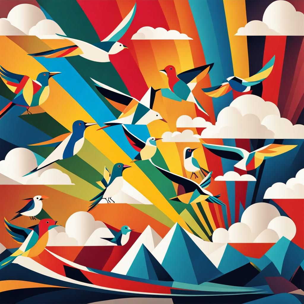 A collage of different types of birds, flying in the sky, with clouds ...