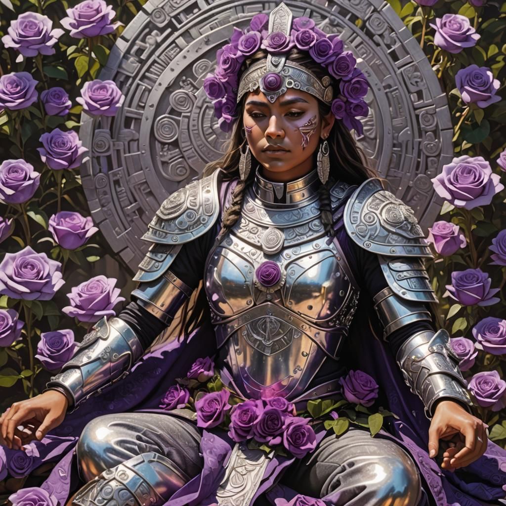 Aztec female warrior in a full suit of silver metal armor sits in zen ...