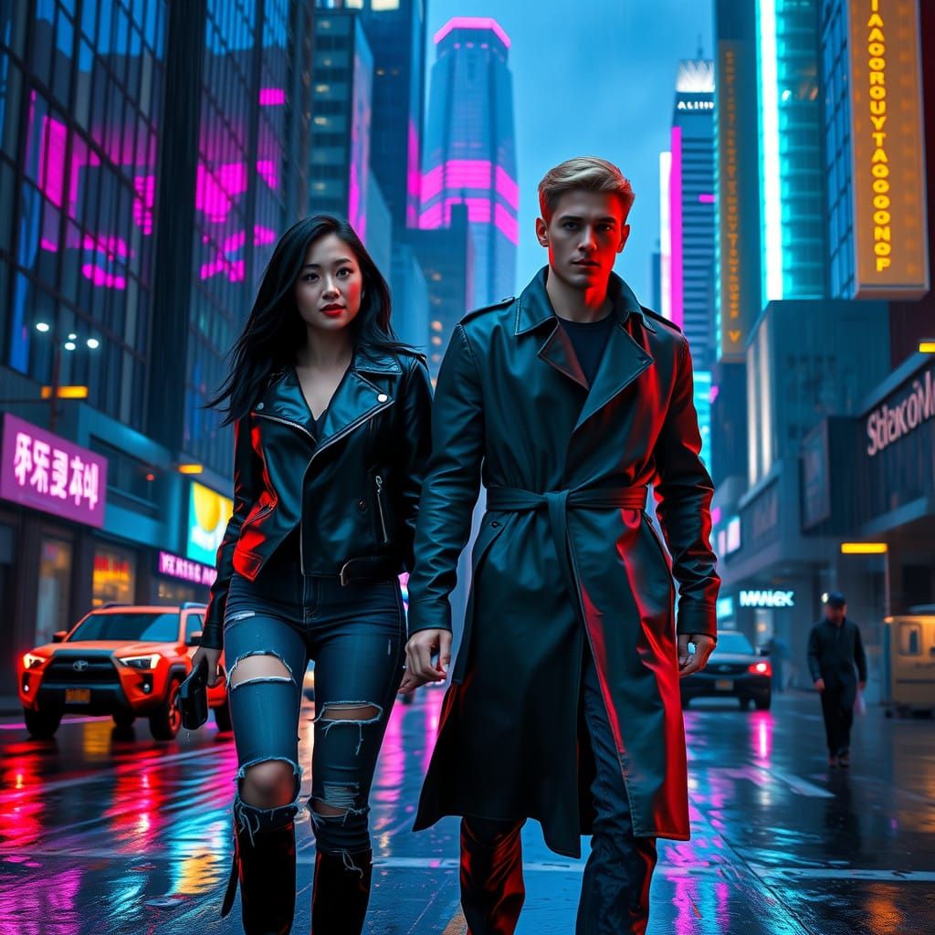 Cyberpunk Couple Strolls Through Neon Cityscape at... - AI Art