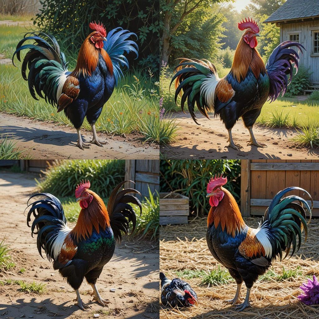 A majestic rooster with iridescent green, blue, and purple plumage ...