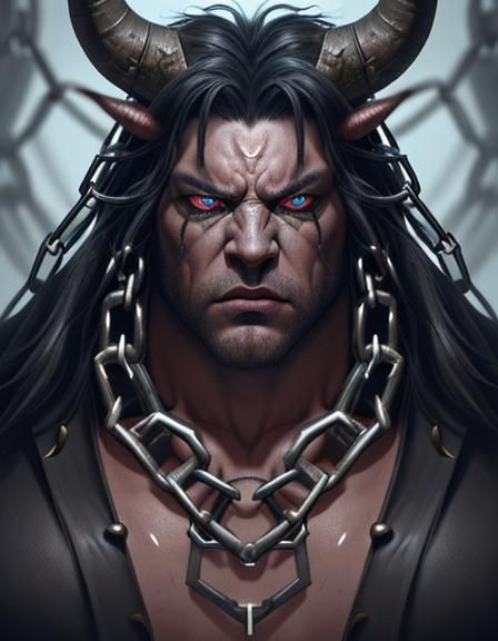Horns Chains Monster man, beautiful face and eyes, chains skin, chains ...