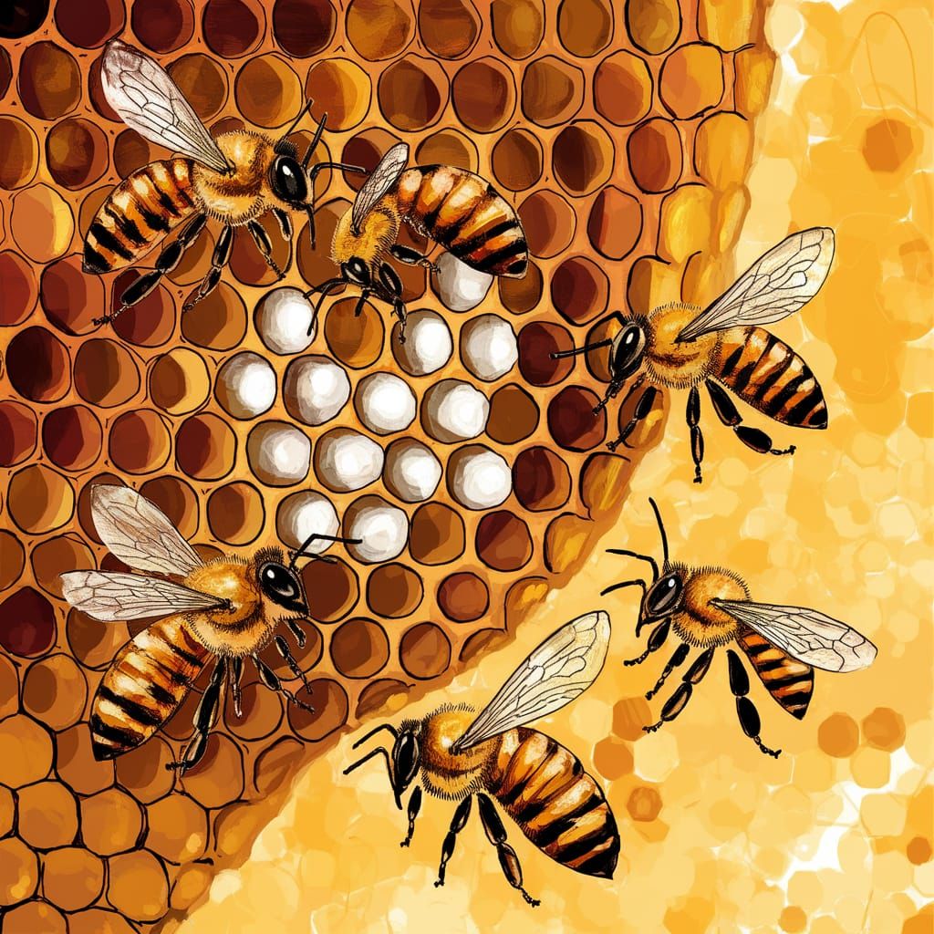 Vibrant Honeycomb Scene with Busy Honeybees and De... - AI Art