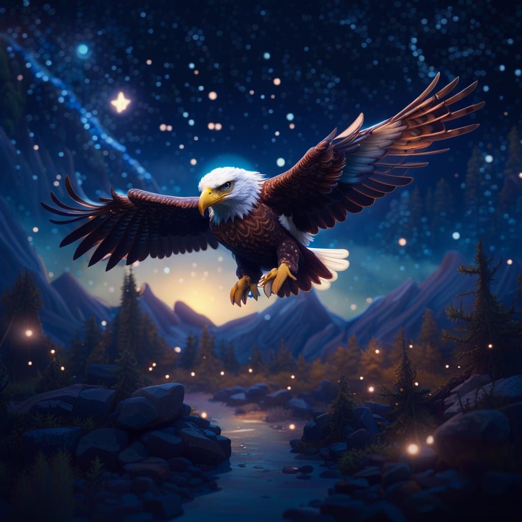 a cute little eagle flying in a starry night - AI Generated Artwork - NightCafe Creator