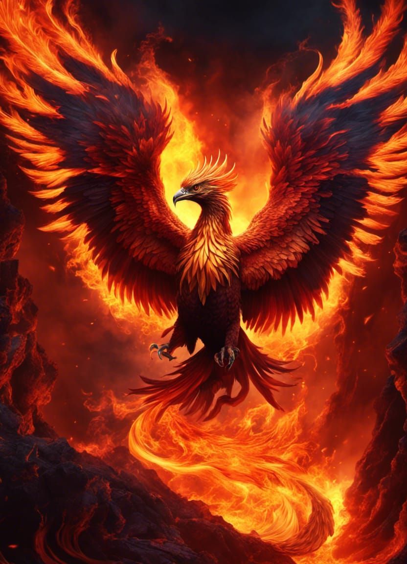 Majestic Phoenix in Hell, inviting burning lava, explosive flames ...