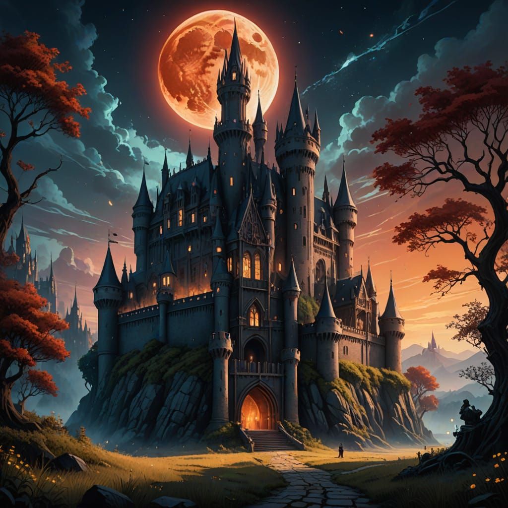 Gothic Castle Under Bloodmoon Illuminated by Whims... - AI Art