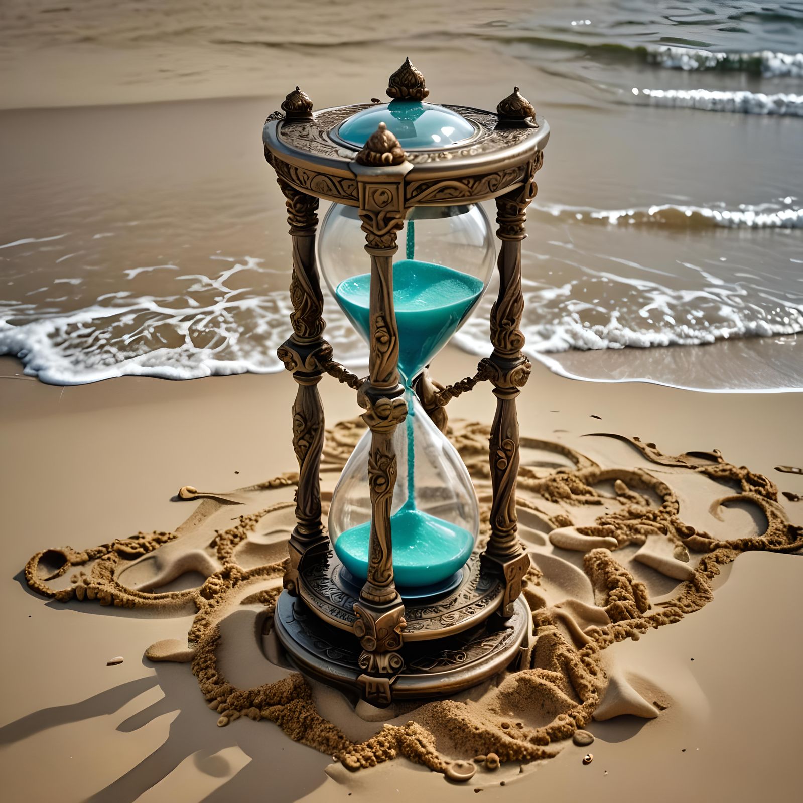 A huge and ornate hourglass filled with water not sand on a tropical ...