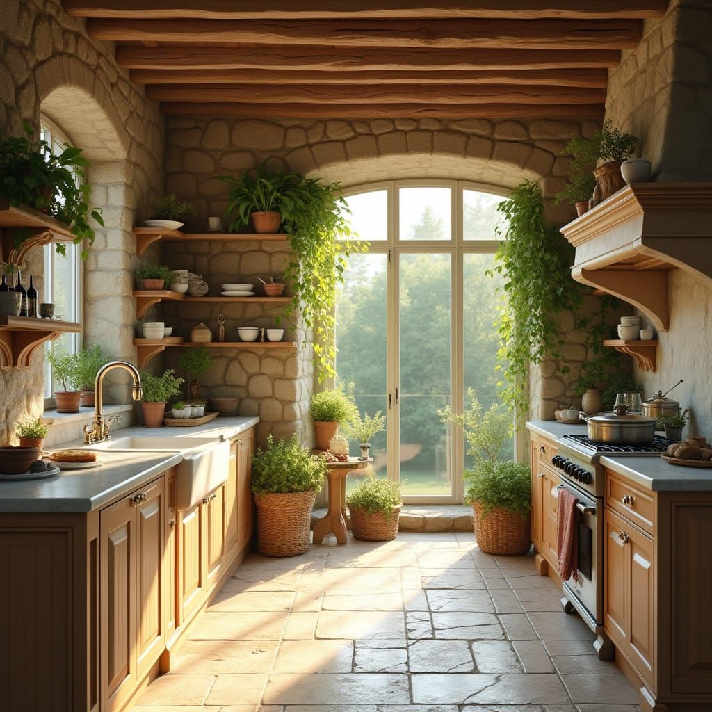 Warm Stone House Kitchen with Whimsical Touches - AI Art