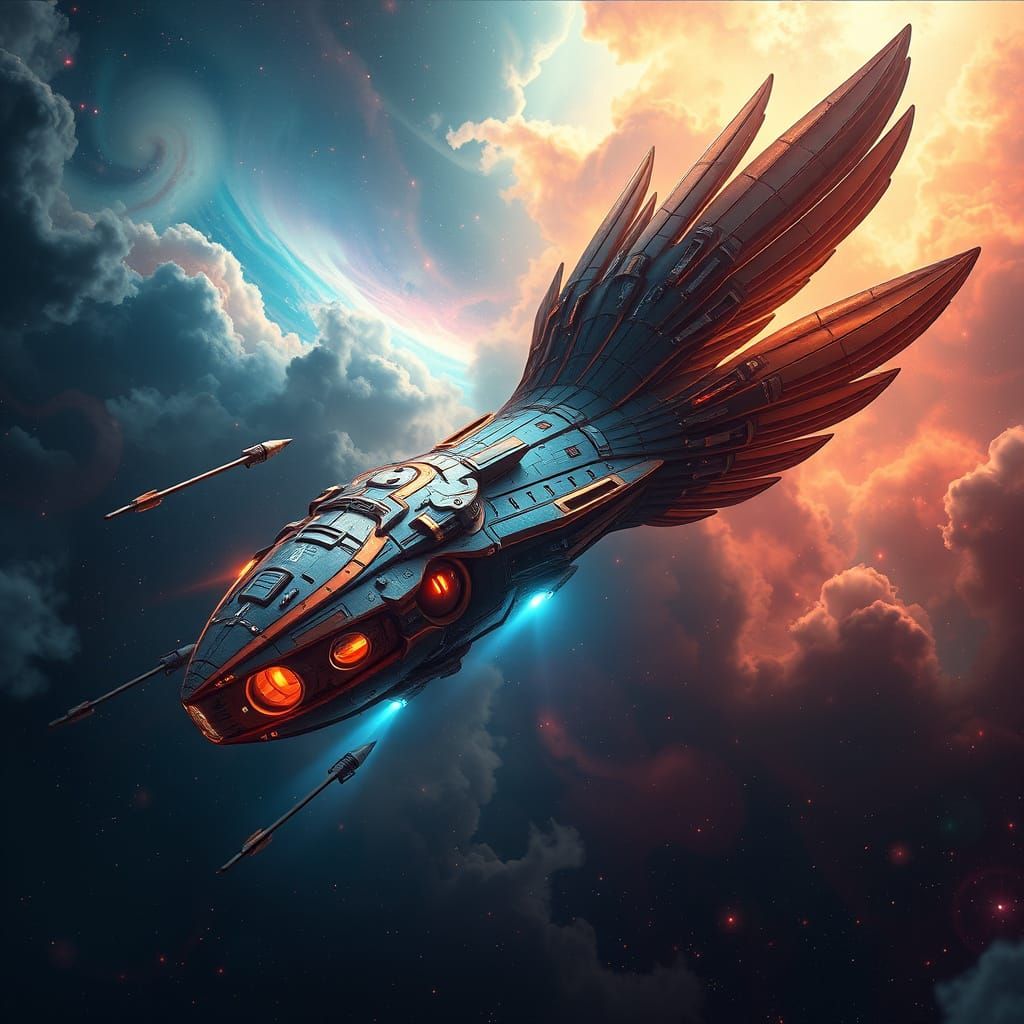 A colossal, gleaming spacecraft shaped like a majestic seraphim, tears ...