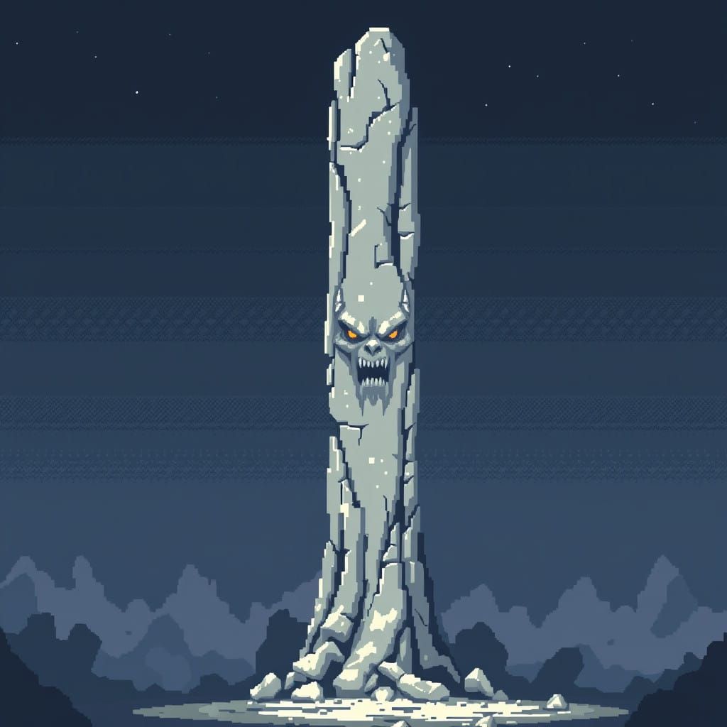 pixel art giant elongated, thin stalagmite with a demonic face carved on it
