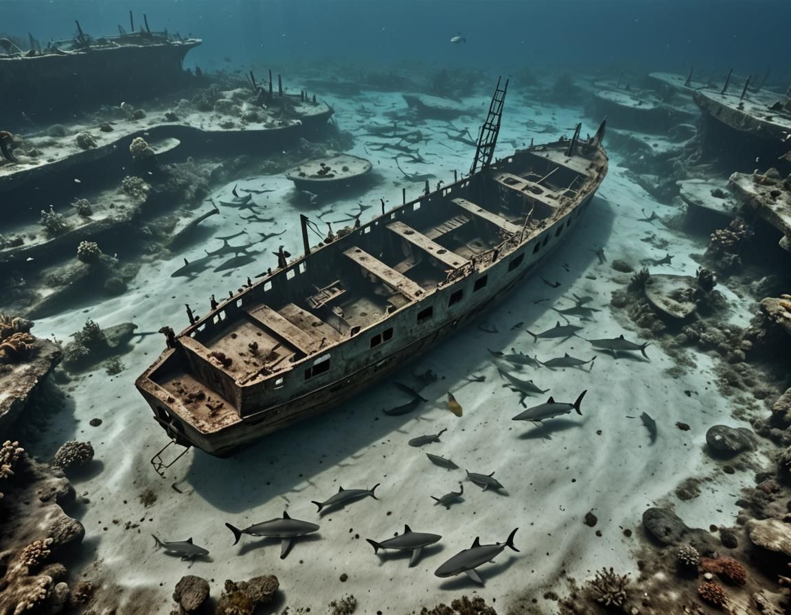A ship at the bottom of the sea, with sharks swimming around - AI Generated Artwork - NightCafe ...