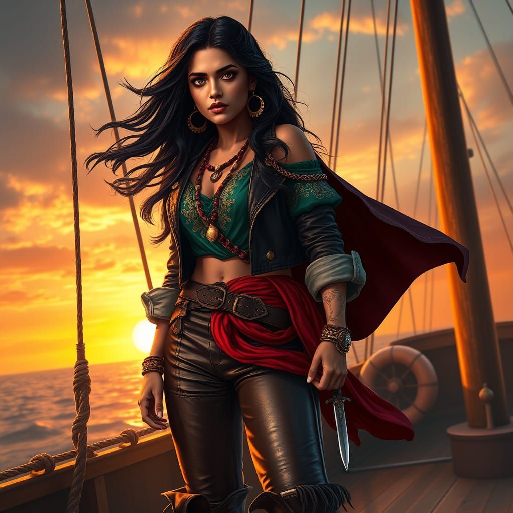 "A stunning young Indian pirate woman, Mohini, standing tall on a ship ...