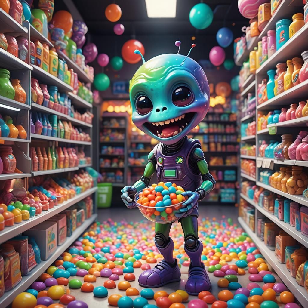 Alien caught in a candy shop - AI Generated Artwork - NightCafe Creator