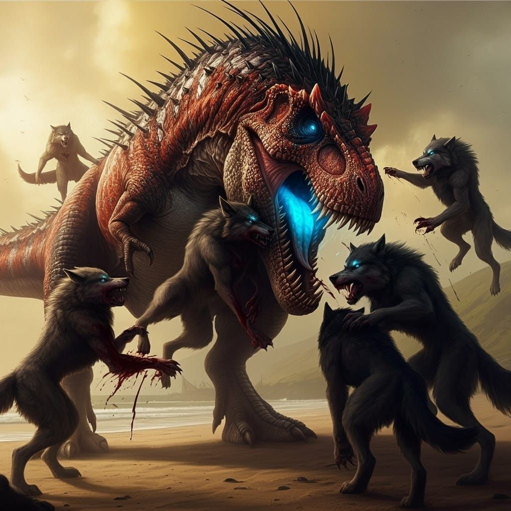 Ferocious, Mutated T-Rex in Dark Fantasy Battle - AI Art