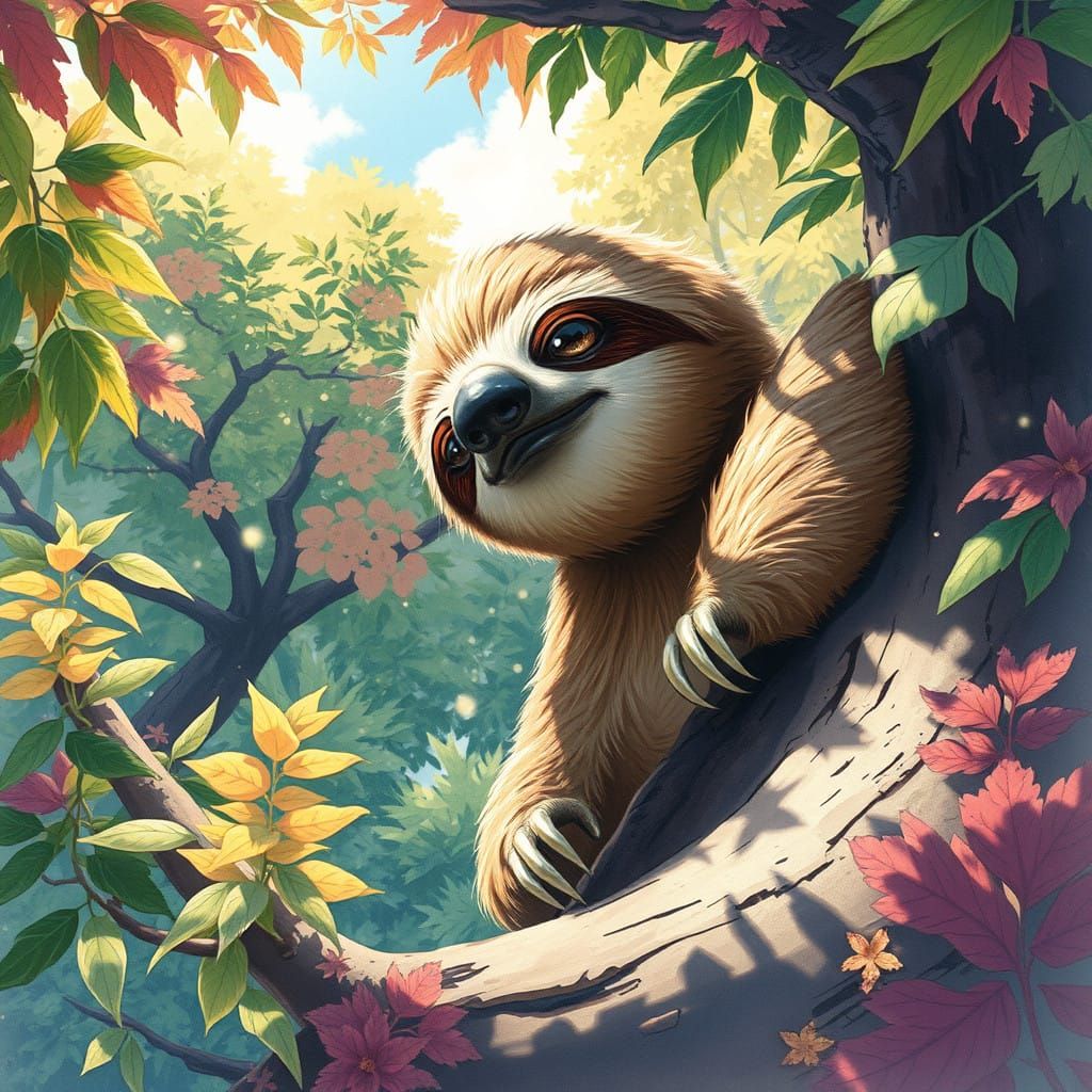 realistic anime sloth on a tree - Anime Sloth in Vibrant, Lu...