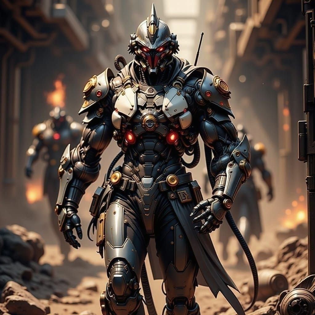 Cybernetic Knight in Power Armor Trekking through ... - AI Art