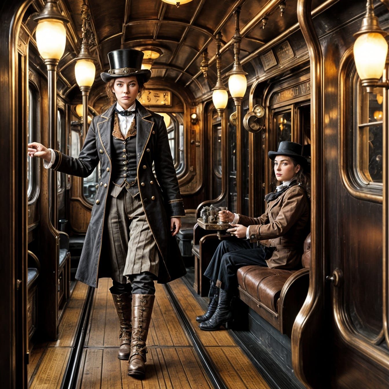 Steampunk Heroine Boards a Fantasy Steam Train - AI Art