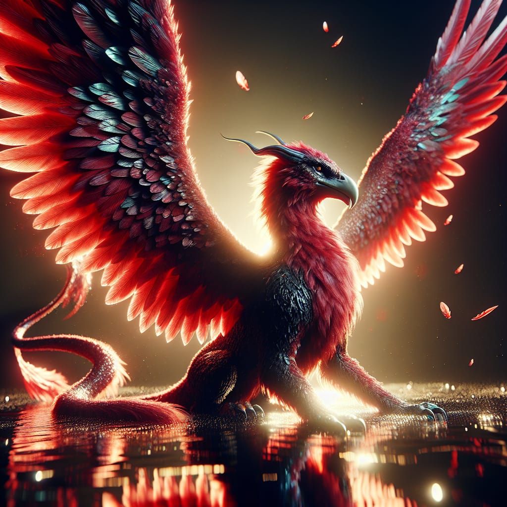 A Gryphon. - Vivid Red Winged Gryphon in Hyperrealistic CGI