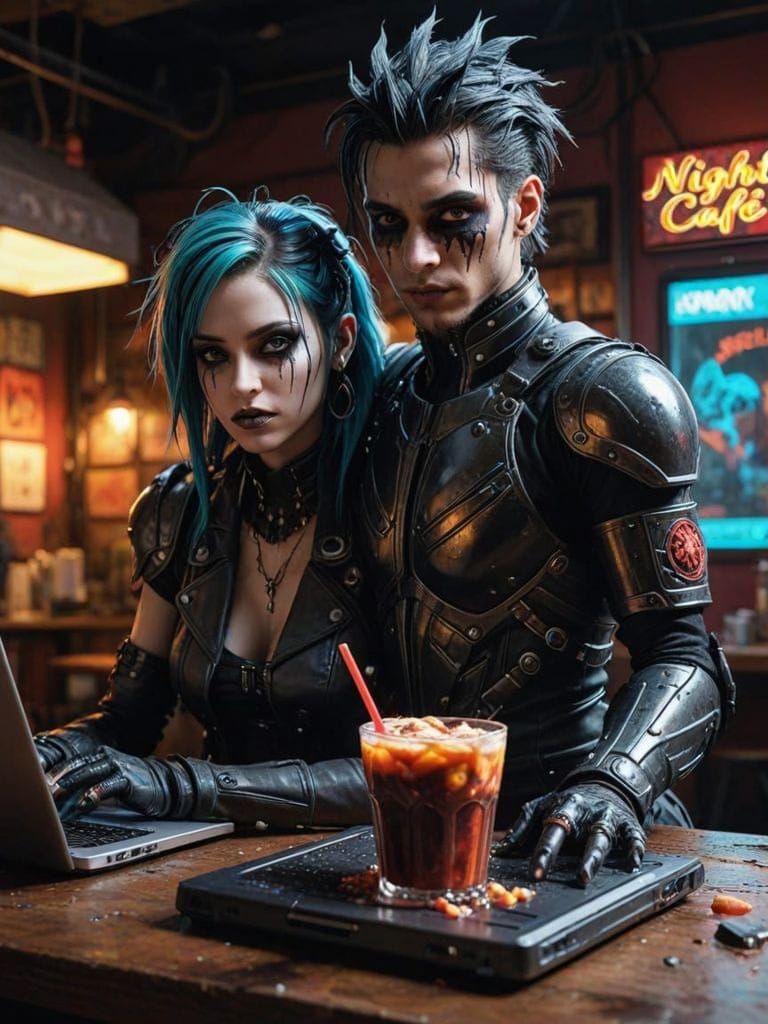 A Cyberpunk Couple Creating Artwork on Night Café
