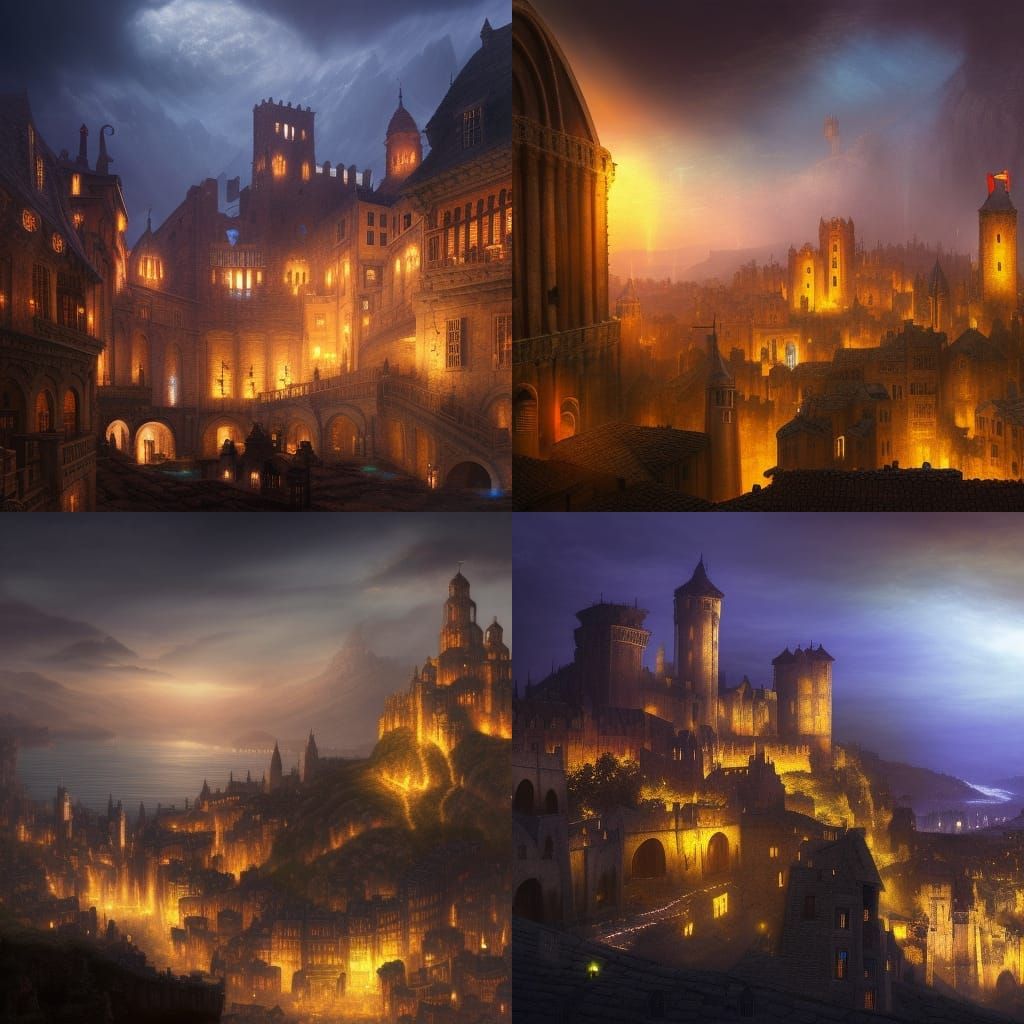 Large medieval city at night with many lights in windows and on the ...