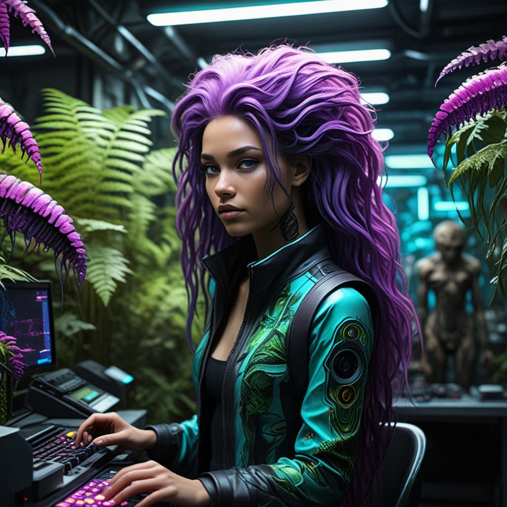 Green Skinned Plant Human Hybrid Woman in Neon Jun... - AI Art