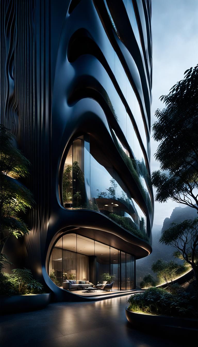 A vertical building in the style of Zaha Hadid with glass and metal ...