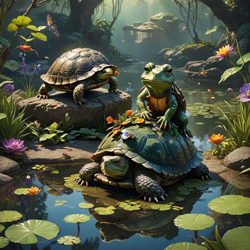 Depict Tilly the tortoise meeting a wise old frog named Ferdinand by ...