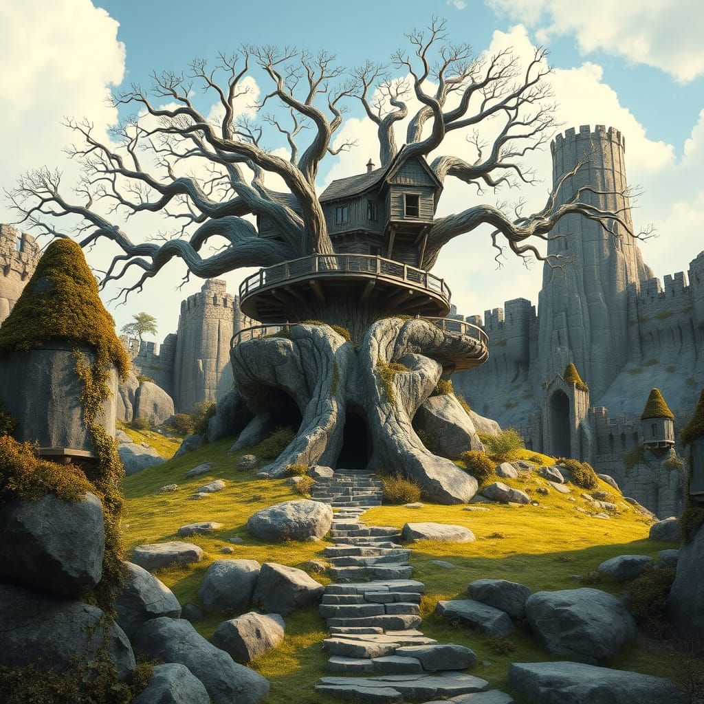 Whimsical Treehouse Amidst Ancient Magic - AI Art