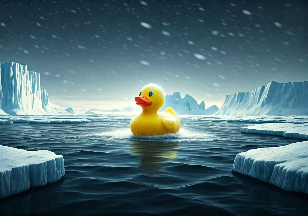 Freezing duck - Frozen Rubber Duck in Turbulent Arctic Water...