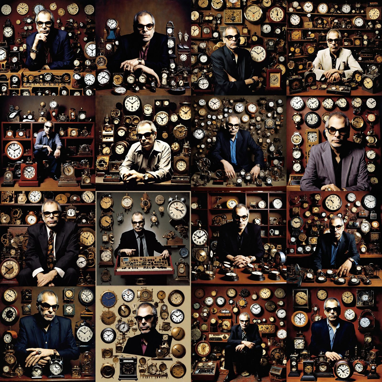 Donald Fagen steely Dan surrounded by different styles of clocks and ...
