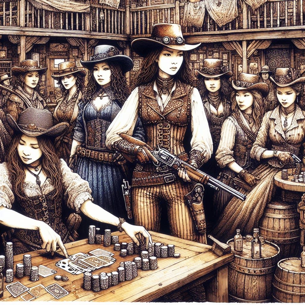 Intricately detailed alcohol ink illustration, Steampunk Women gunfighters, Old West saloon ...