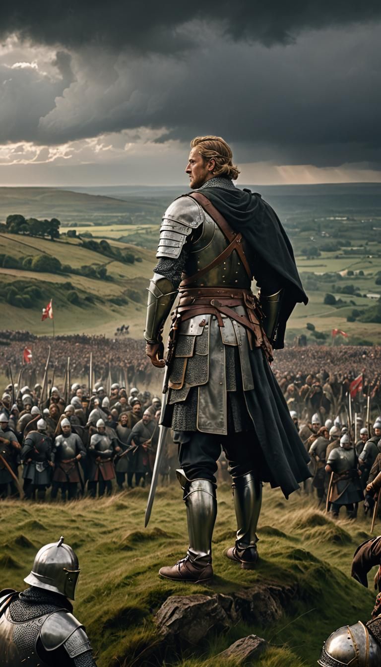 A powerful and stoic medieval leader clad in ancient British armor ...