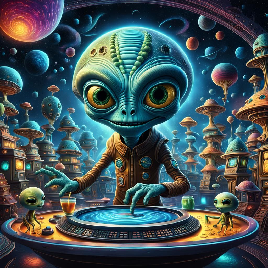 Happy Alien DJ and an outer space nightclub - AI Generated Artwork ...