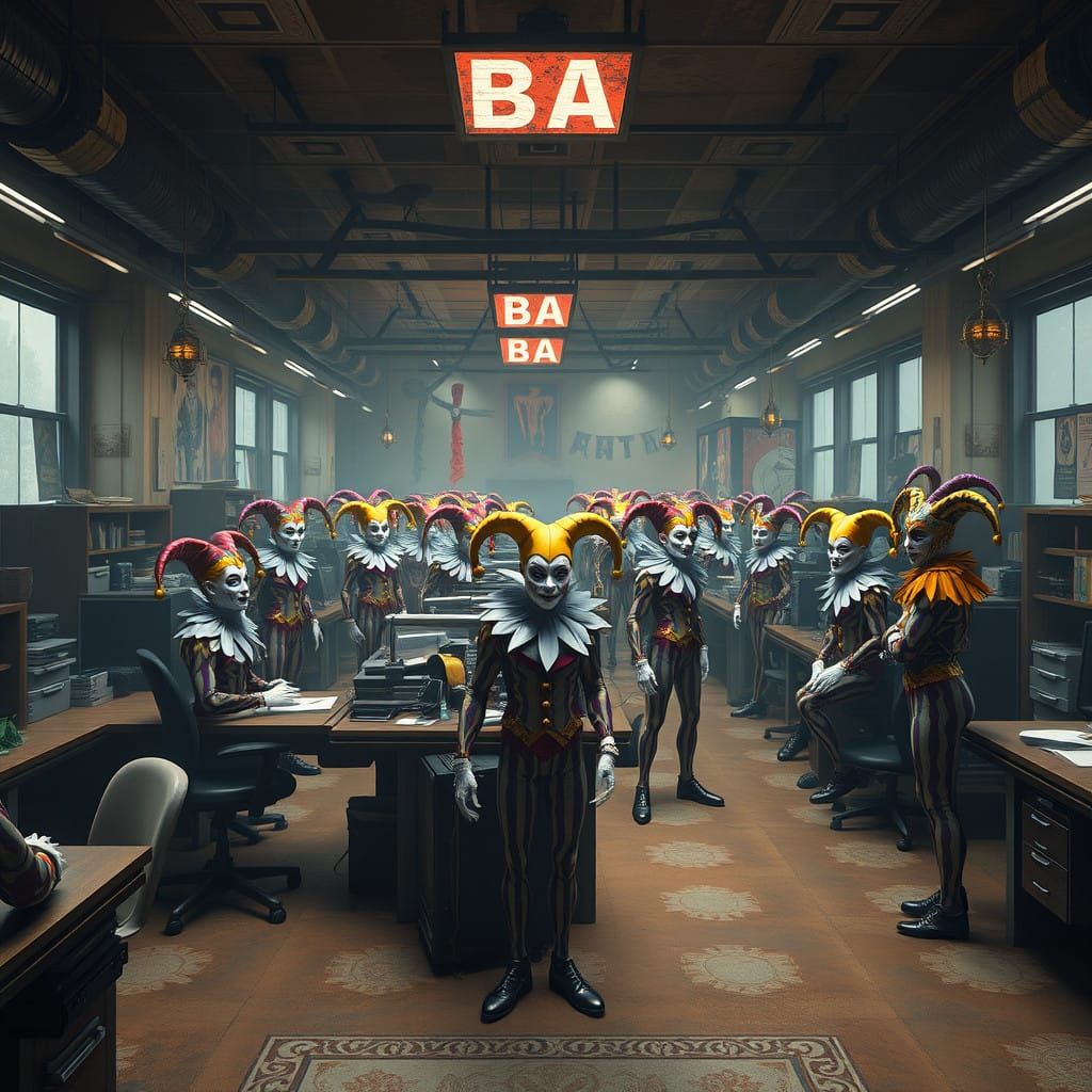 Spectacular Jesters in a Whimsical Office Fantasy - AI Art