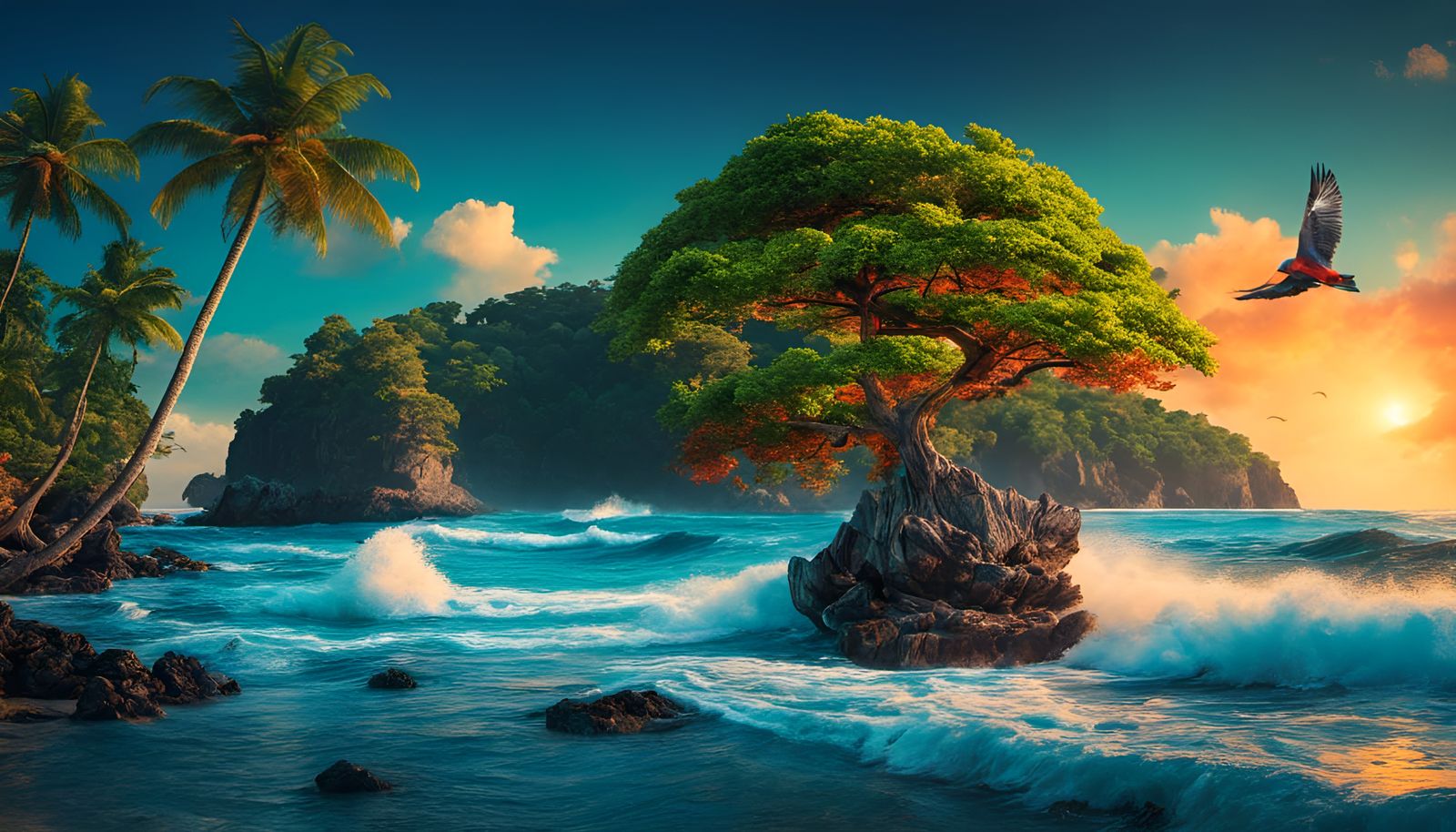 Sun rising at dawn behind the tropical island with a majestic tree ...