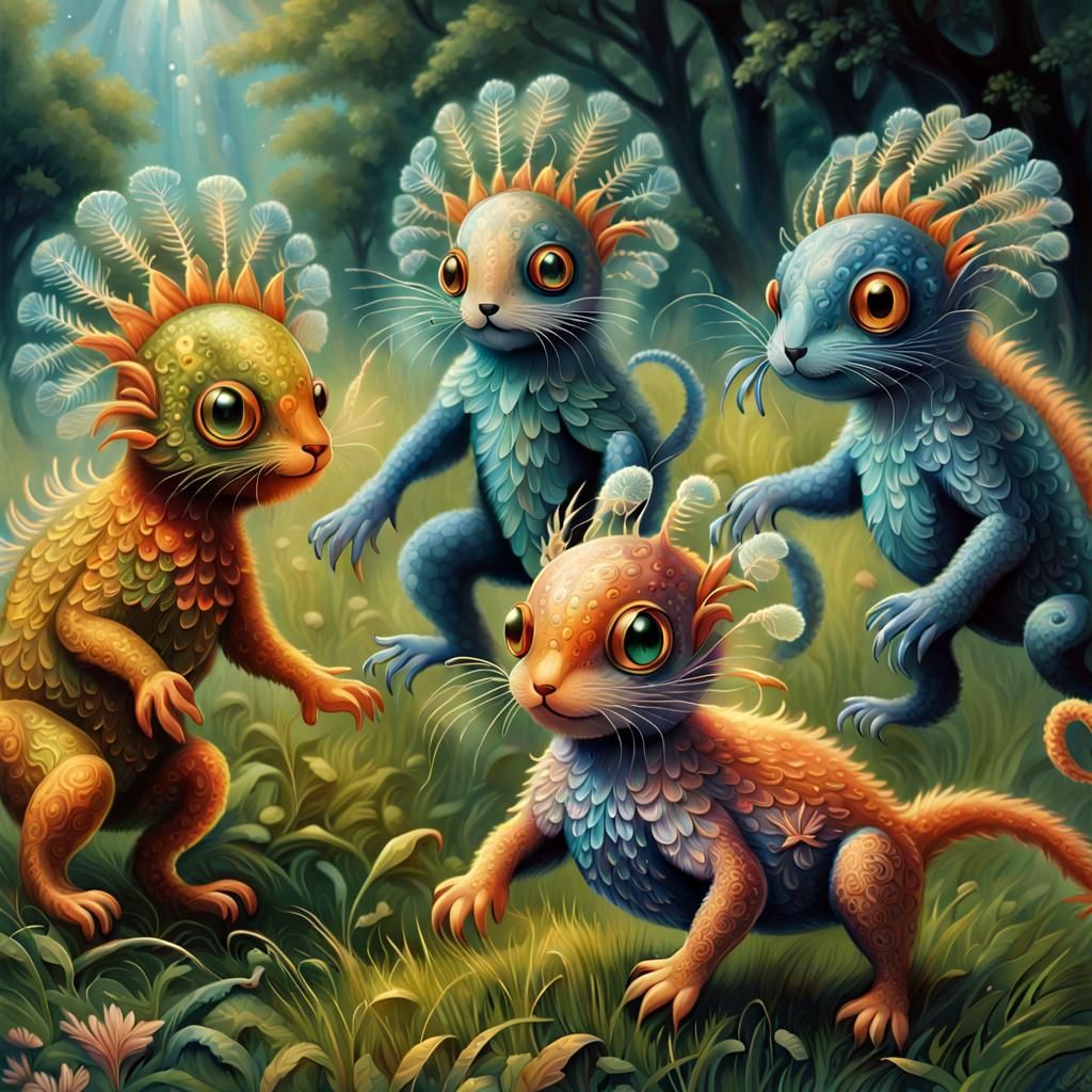 Unusual creatures dancing happily in grass. - AI Generated Artwork ...