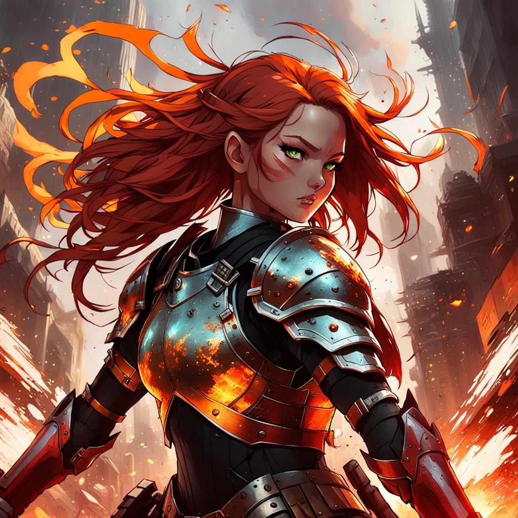 rending on artbreeder Krenz Cushart, Pixiv, A close up of a warrior girl with red hair and shiny ...