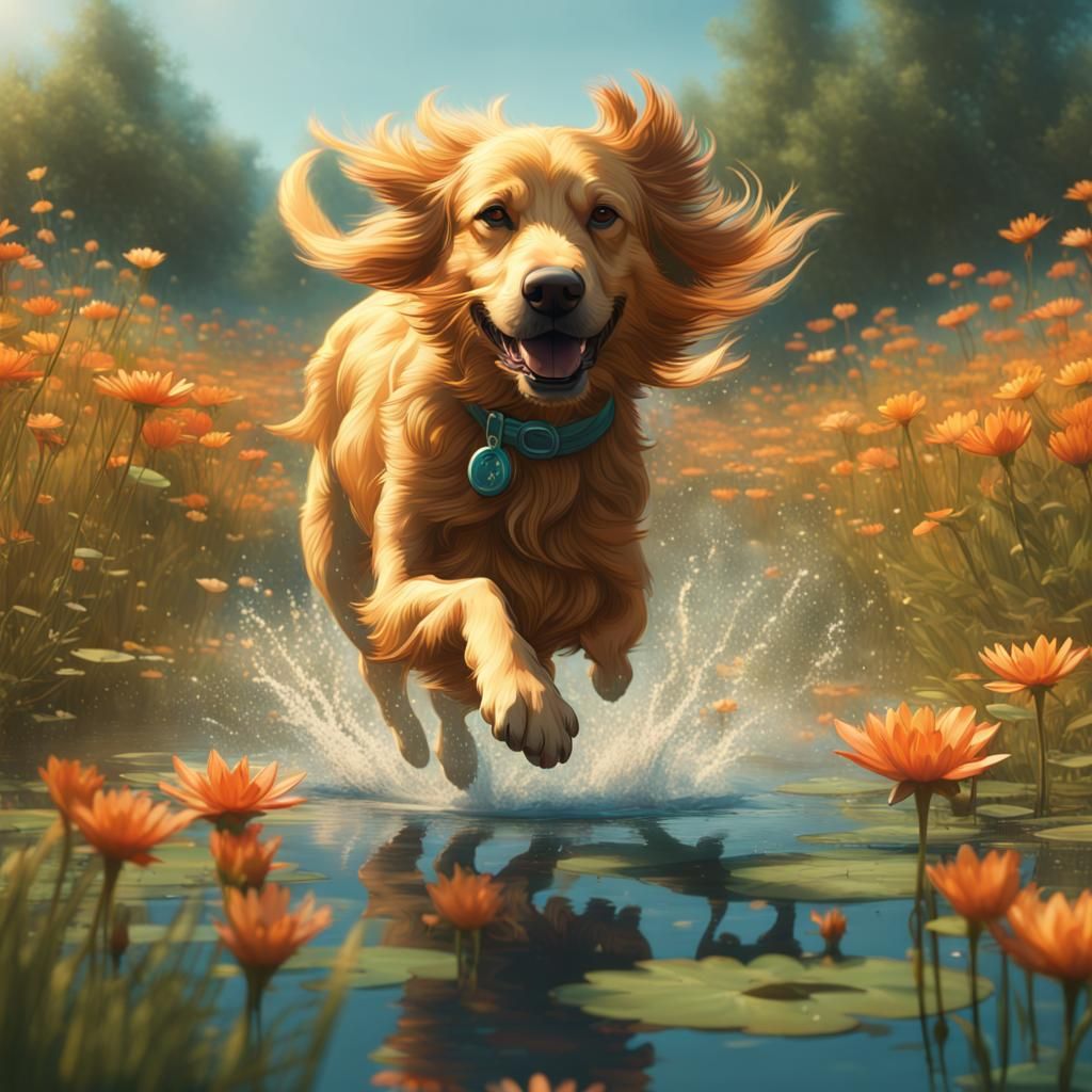 golden retrevier dog running in a feild full of wildflowers and one ...