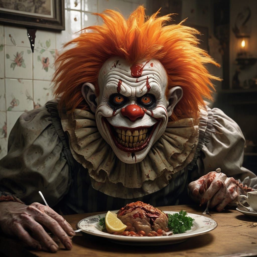Grotesque Clown Dines on Human Brain in Macabre Go... - AI Art