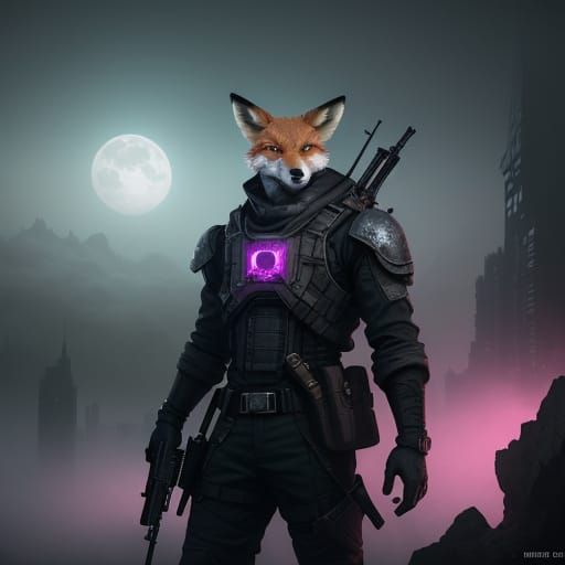 Cyberpunk Fox Sniper in Gothic Cityscape - AI Art