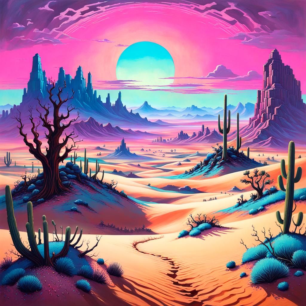 "Vaporwave Desert Landscape" oil painting (by Gris Grimly/Tim Burton ...