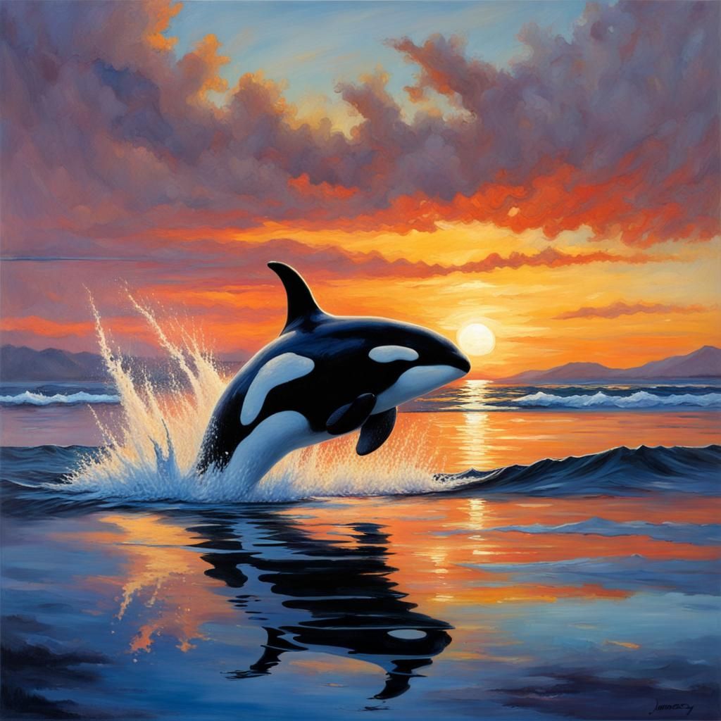 orca jumping out of the water with beautiful sunset behind - AI ...