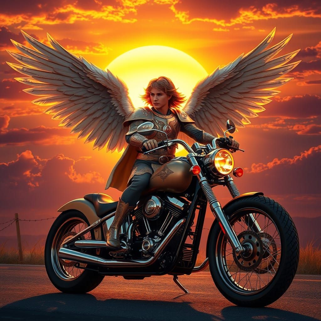 Ethereal Angel Rider on Vintage Chopper at Sunset - AI Art