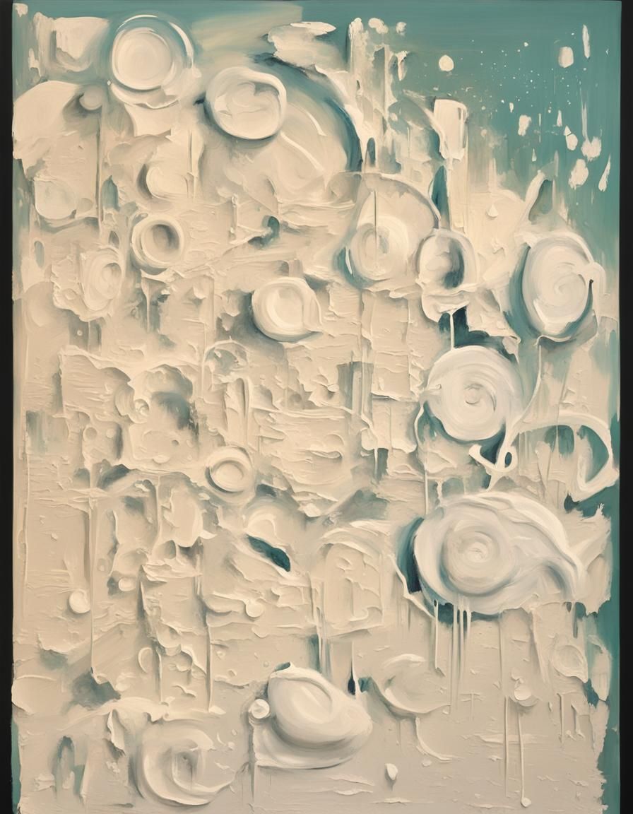 An all white abstract painting consisting of objects painted over by ...