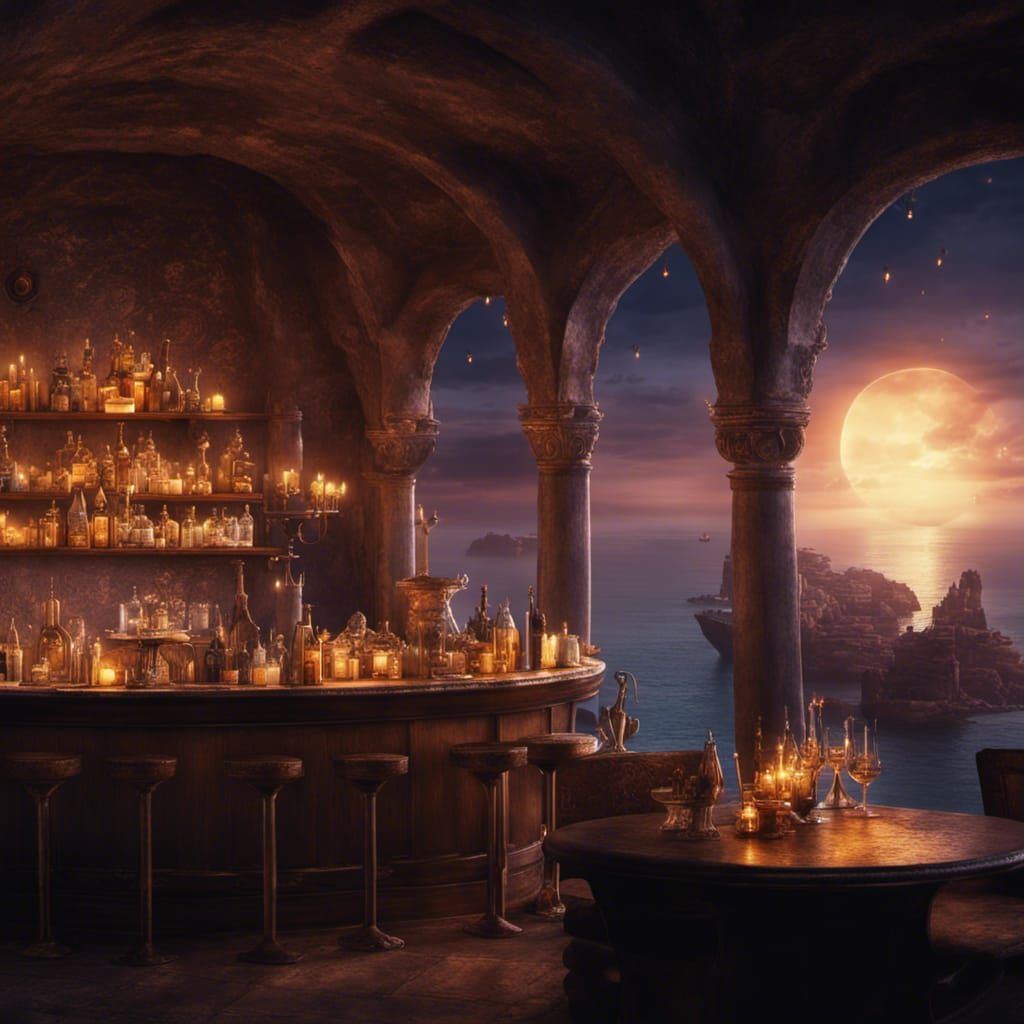 beautiful magical roman cocktail bar with wood tables lit up by candle ...