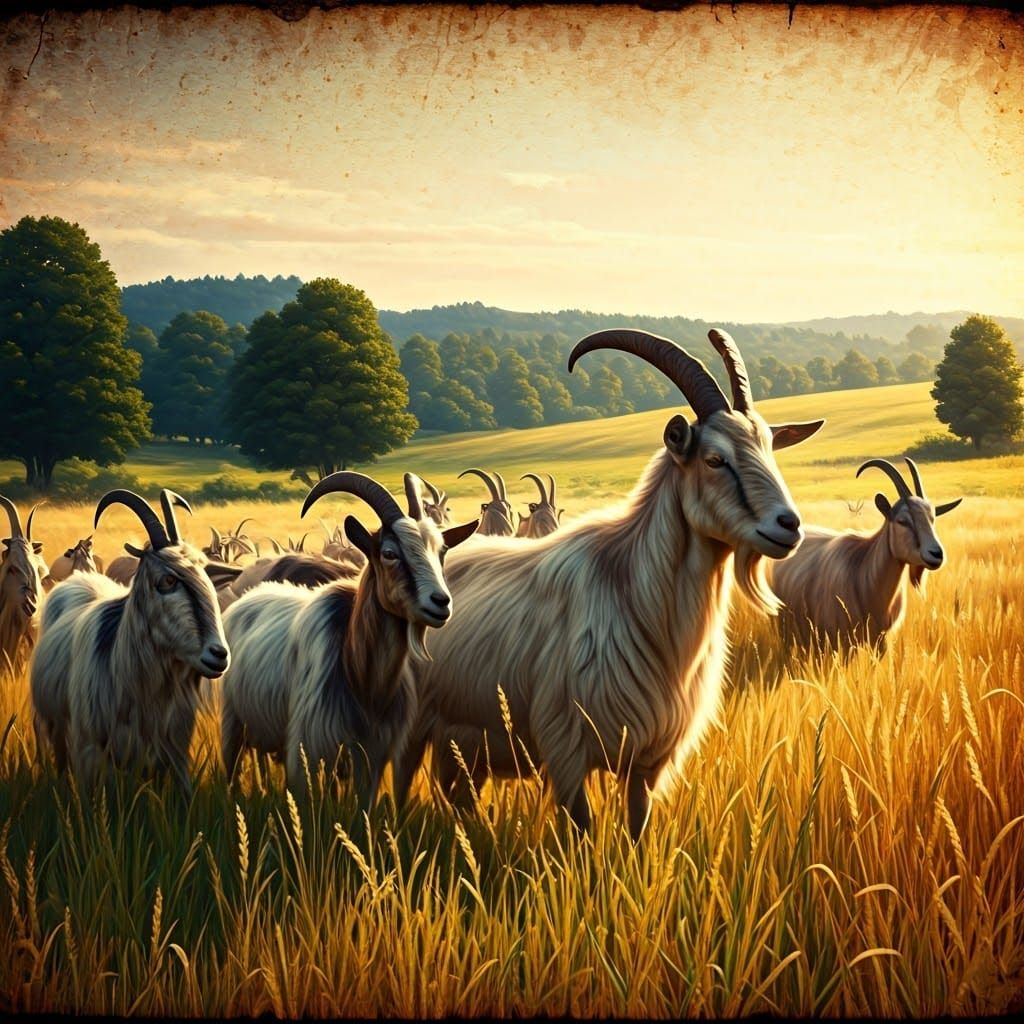 Ancient Goats Roam Golden Wheat Fields in Earthy, ... - AI Art