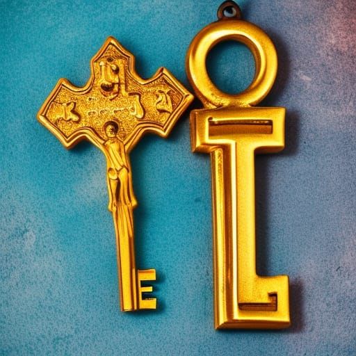 A golden key with the word "Jesus" inscribed on it with a teal ...