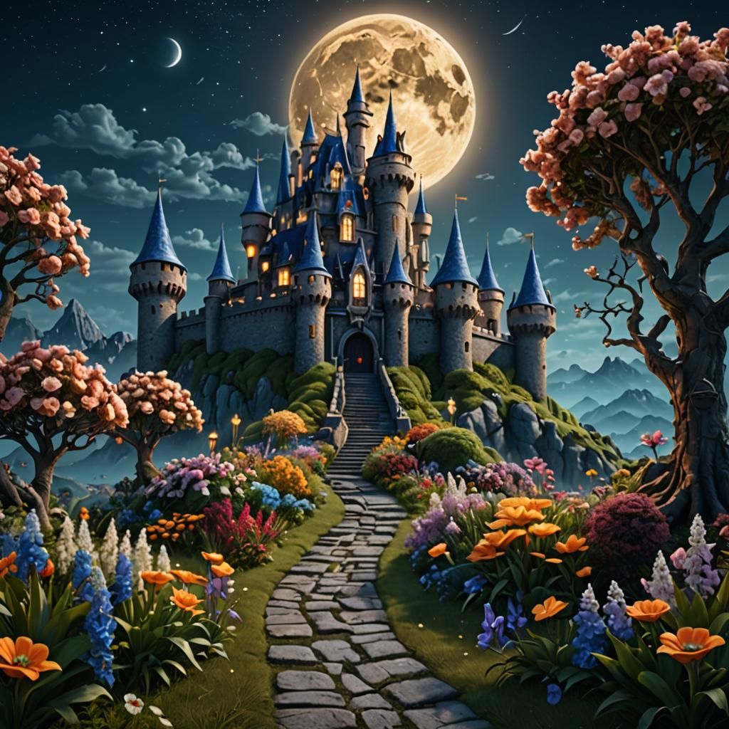 Dream castle in a full moon night showing the path leading to the ...